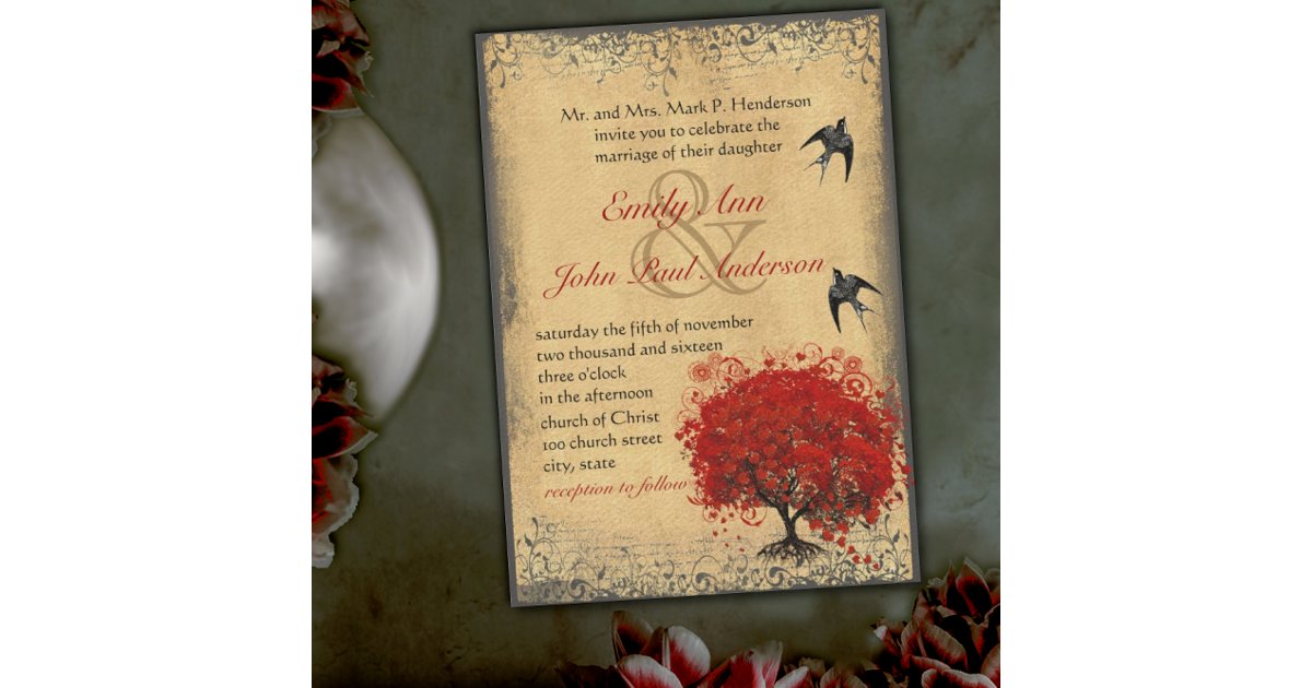 Rustic Heart Leaf Red Tree Love Bird Wedding Invitation | Zazzle