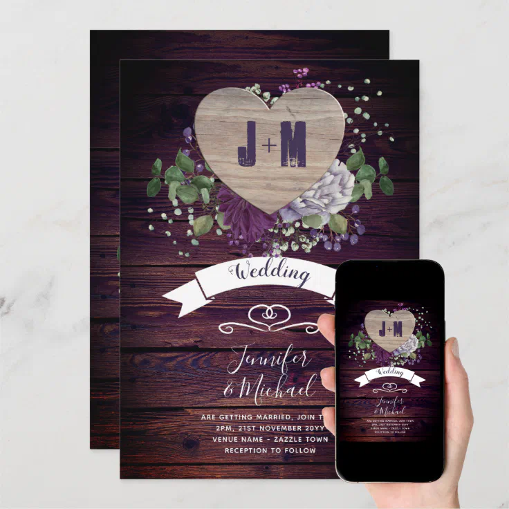 Rustic Heart Purple Flowers Wedding Invitation | Zazzle