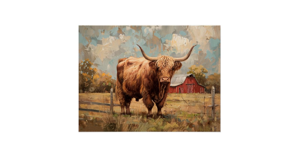 Rustic Highland Cow and Barn Decoupage Poster | Zazzle