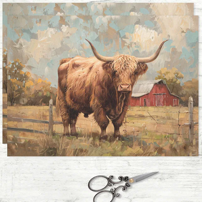 Rustic Highland Cow and Barn Decoupage Tissue Paper | Zazzle