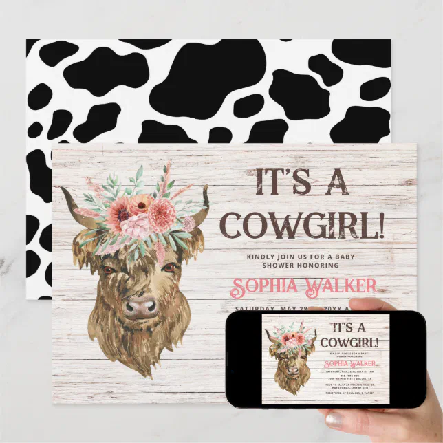 Rustic Highland Cow Girl Baby Shower Invitation | Zazzle