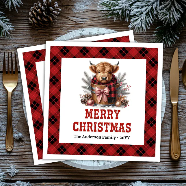 Rustic highland cow holiday napkins buffalo plaid | Zazzle