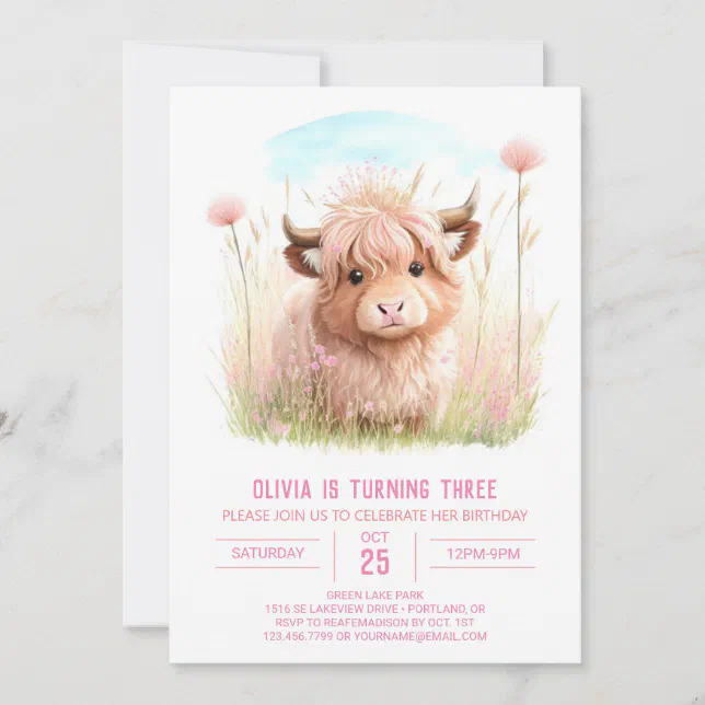 Rustic Highland Cow Pink Party Birthday Invitation | Zazzle