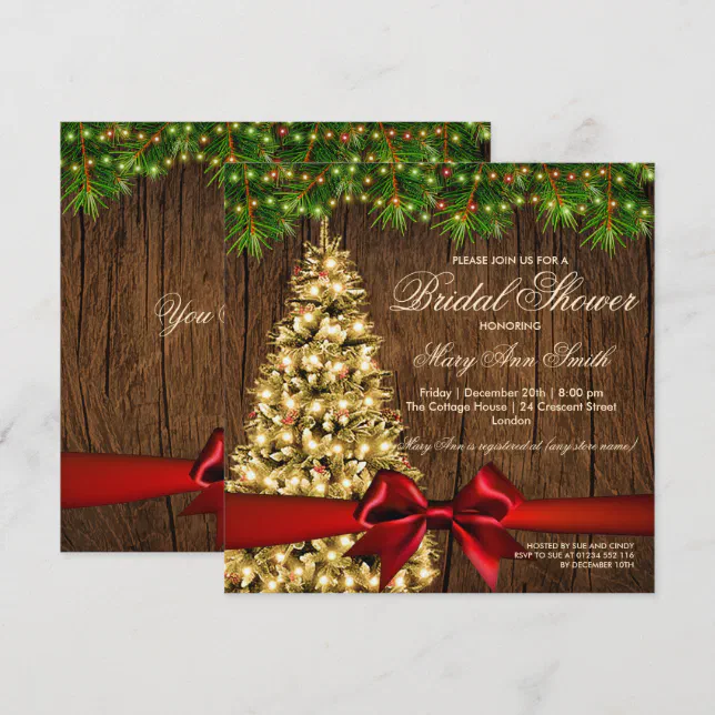 Rustic Holiday Bridal Shower Tree & Red Ribbon Invitation | Zazzle