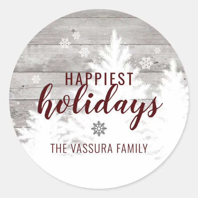 Rustic Holiday Christmas Wood Tree Burgundy Classic Round Sticker | Zazzle