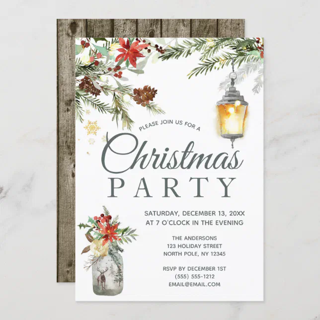 Rustic Holiday Floral Lights Christmas Party Invitation | Zazzle