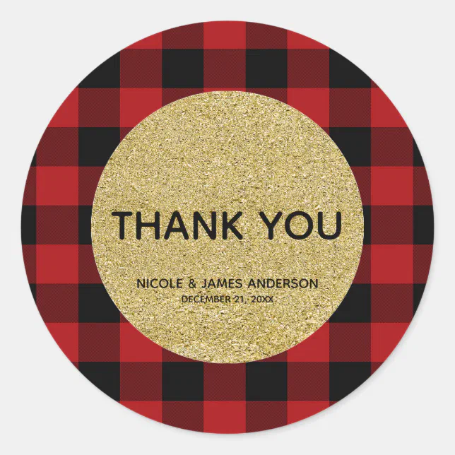 Rustic Holiday Red Buffalo Plaid Gold Glitter Classic Round Sticker ...