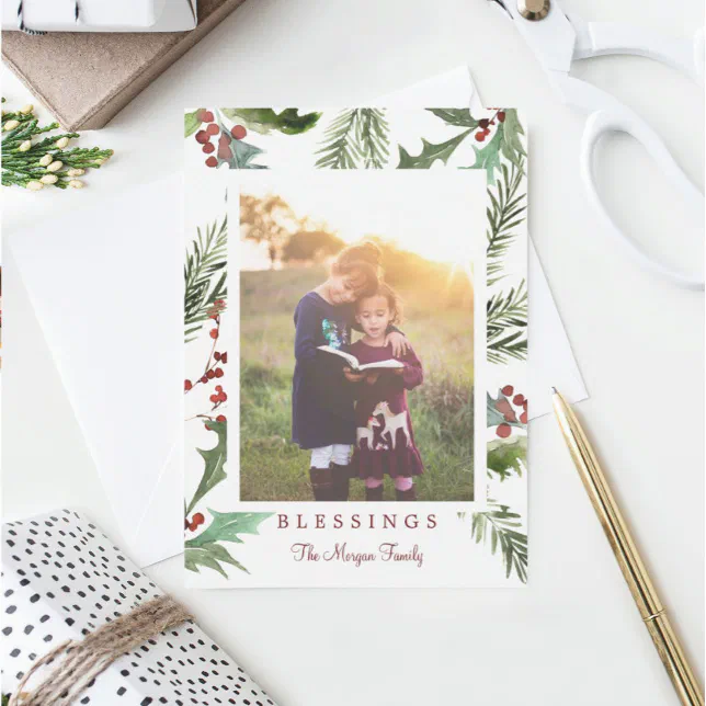 Rustic Holly Christmas Photo Cards | Zazzle