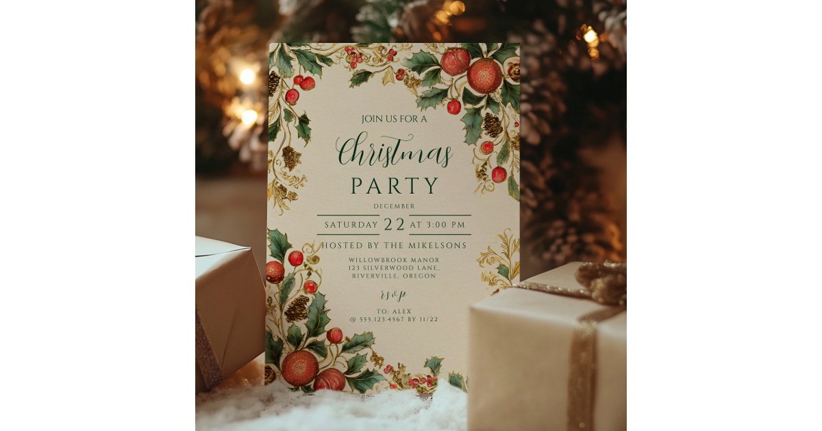 Rustic Holly Pomegranate Christmas Party Invitation | Zazzle