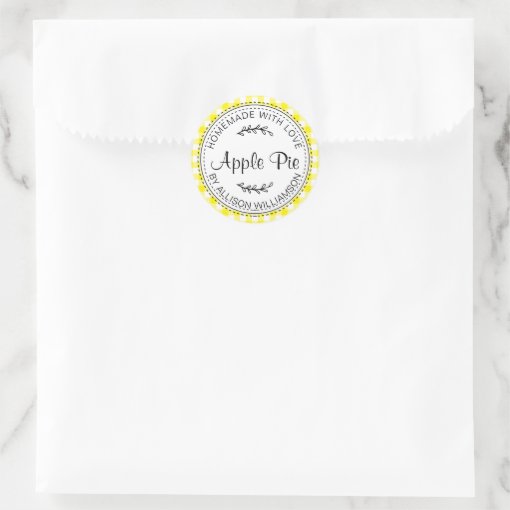 Rustic Homemade Apple Pie Bright Yellow Check Classic Round Sticker ...