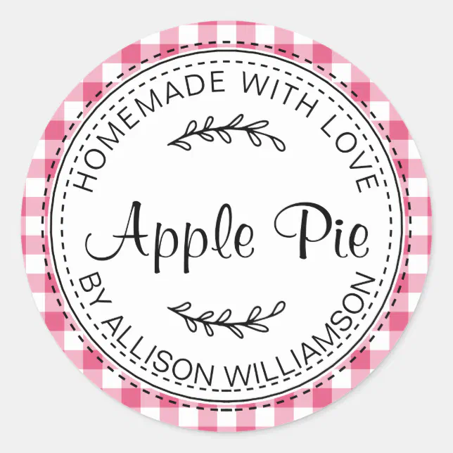 Rustic Homemade Apple Pie Hot Pink Check Classic Round Sticker | Zazzle