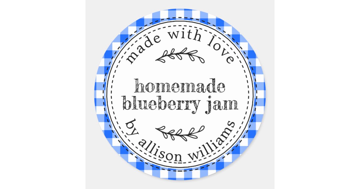 Rustic Homemade Blueberry Jam Bright Blue Check Classic Round Sticker ...