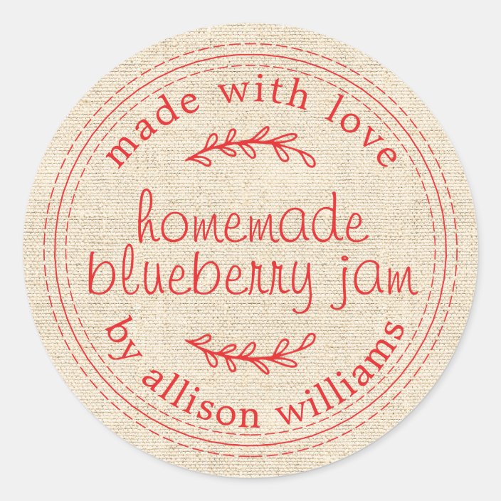 Rustic Homemade Jam Canning Red Script Linen Classic Round Sticker ...