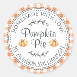 Rustic Homemade Pumpkin Pie Orange Check Classic Round Sticker | Zazzle
