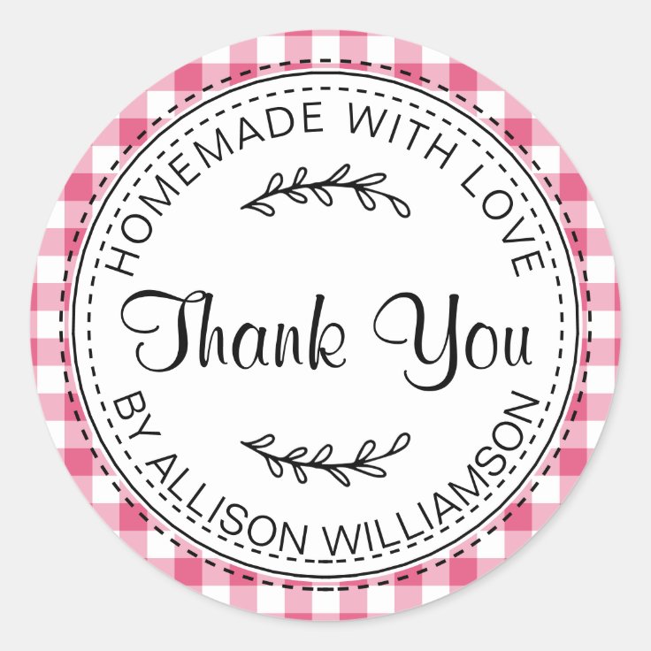 Rustic Homemade Thank You Hot Pink Check Pattern Classic Round Sticker ...