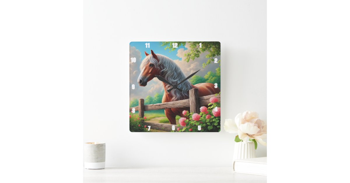 Rustic Horse Meadow Vibrant Countryside Square Wall Clock | Zazzle