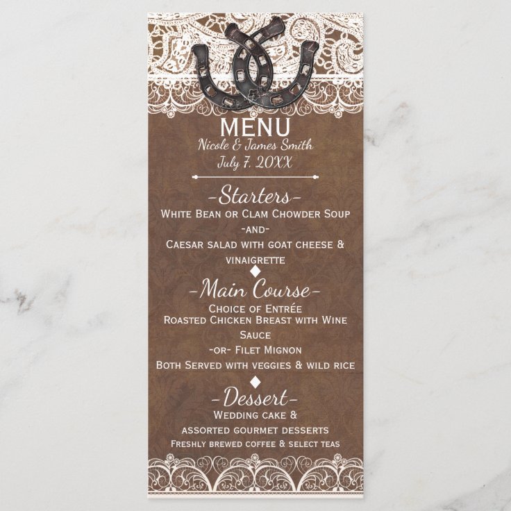 Rustic Horseshoes & Lace Country Western Menu Card | Zazzle