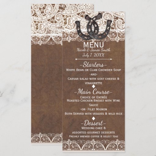 Rustic Horseshoes & Lace Country Western Menu Card | Zazzle