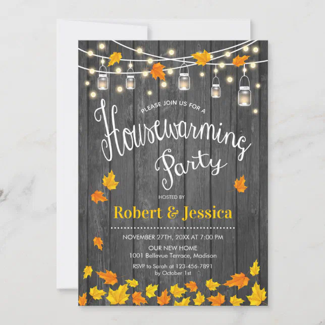 Rustic Housewarming Party - Gray Wood Fall Leaves Invitation | Zazzle