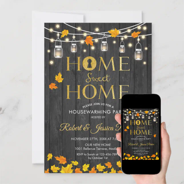 Rustic Housewarming Party - Gray Wood Fall Leaves Invitation | Zazzle