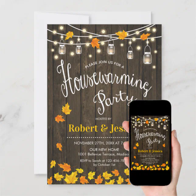 Rustic Housewarming Party - Wood Fall Leaves Invitation | Zazzle