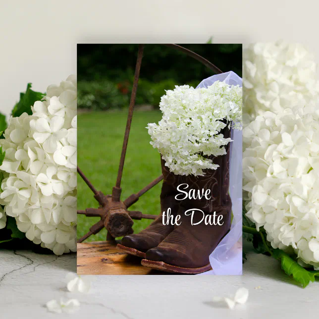 Rustic Hydrangea and Cowboy Boots Save the Date | Zazzle