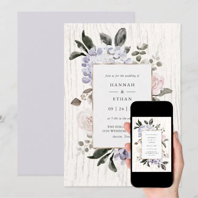Rustic Hydrangea Floral | White Wood Look Wedding Invitation | Zazzle