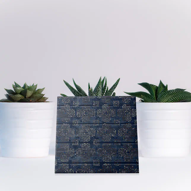 Rustic Indigo Blue Damask On Scratched Wood Ceramic Tile | Zazzle