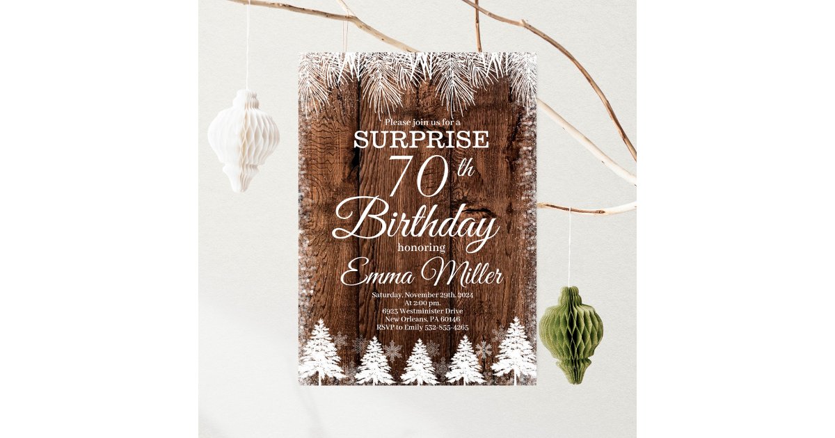 Rustic invite, Winter 70th Birthday Party Invitation | Zazzle