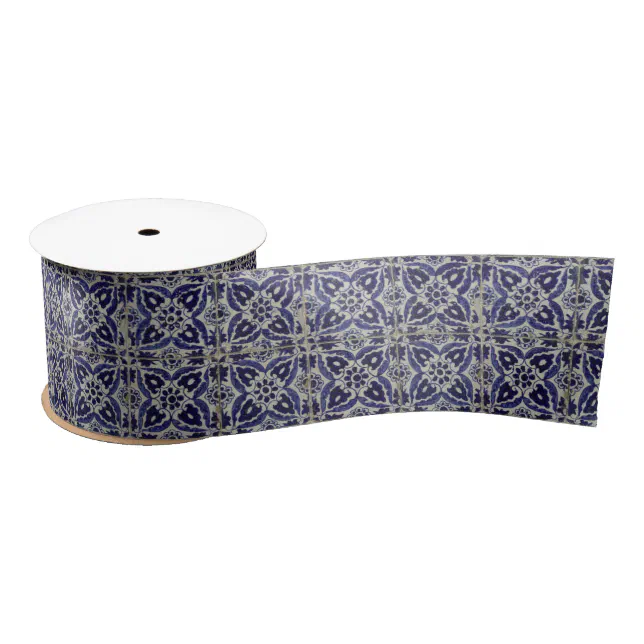 Rustic Italian Tiles Azulejo Blue White Geometric Satin Ribbon | Zazzle