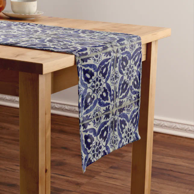 Rustic Italian Tiles Azulejo Blue White Geometric Short Table Runner ...