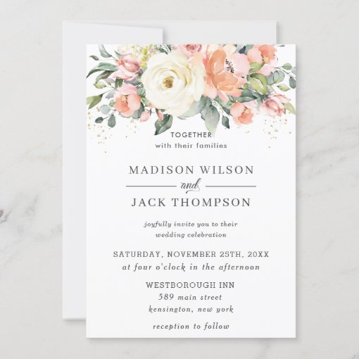 Rustic Ivory Orange Peach Floral Greenery Wedding Invitation | Zazzle