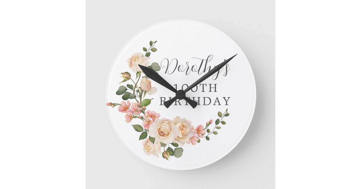 Rustic Ivory White Floral 100th Birthday Party Round Clock | Zazzle