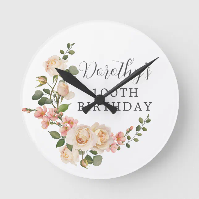 Rustic Ivory White Floral 100th Birthday Party Round Clock | Zazzle