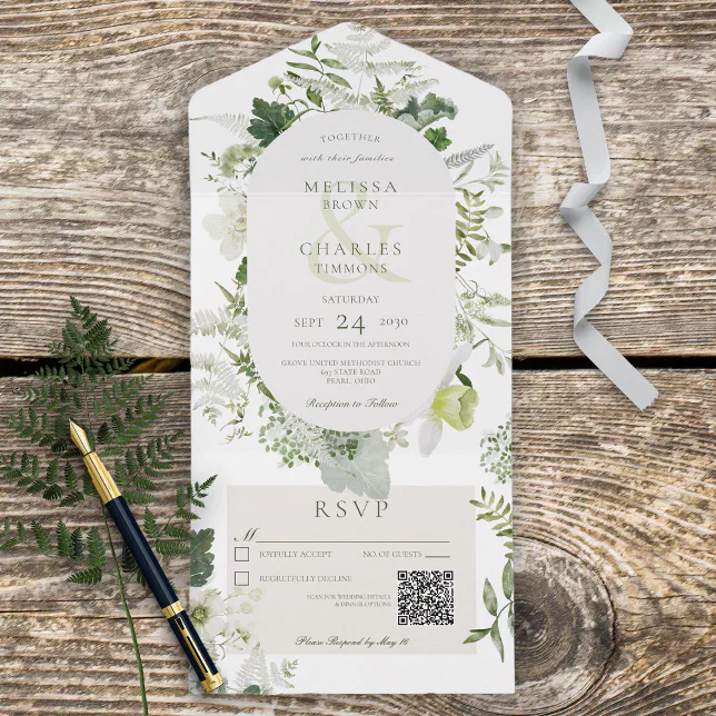 Rustic Ivy Ferns & Greenery White QR Code All In One Invitation | Zazzle