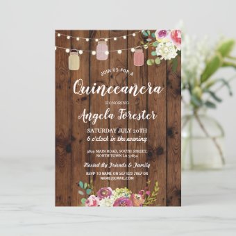Rustic Jars Quinceanera Party Wood Floral Lights Invitation | Zazzle