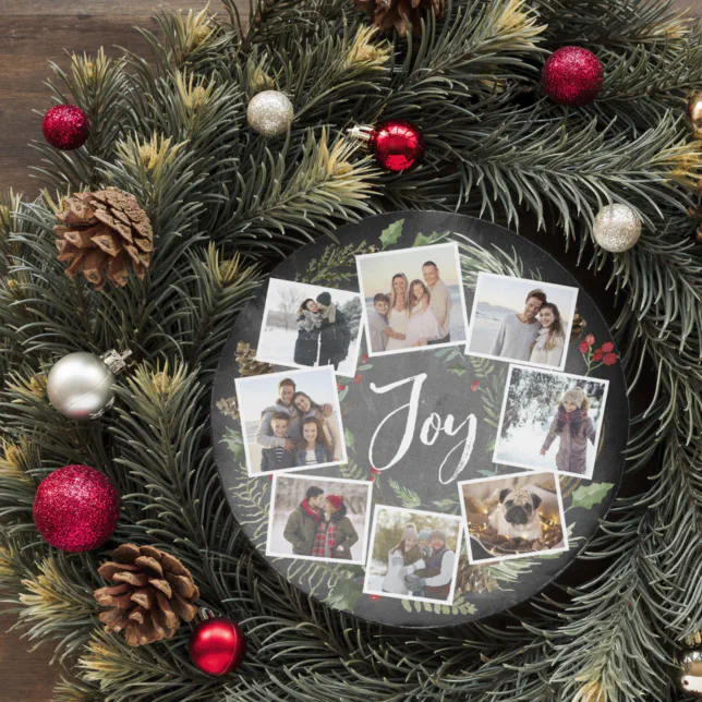Rustic Joy Wreath | Photo Collage Christmas Holiday Card | Zazzle