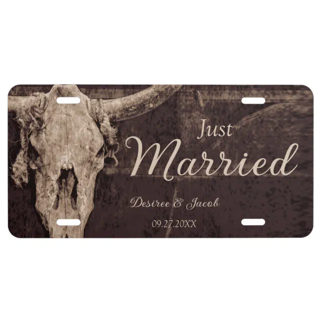 Rustic Just Married Bull Skull Country Western License Plate | Zazzle