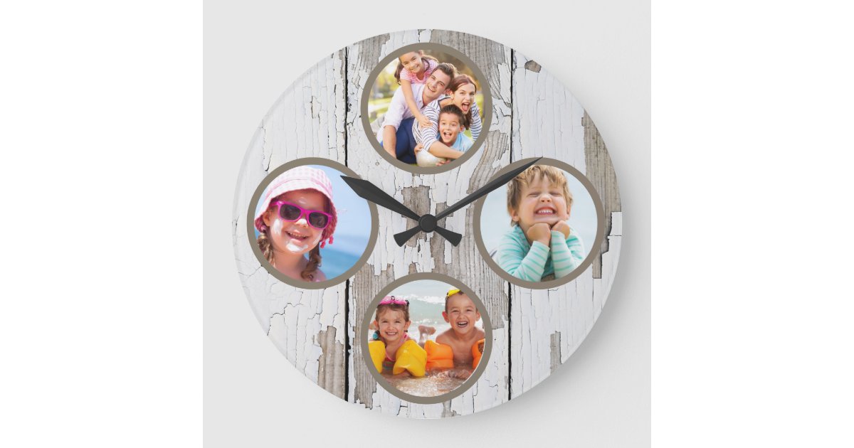 Rustic Keepsake Family Multi Photo Large Clock | Zazzle