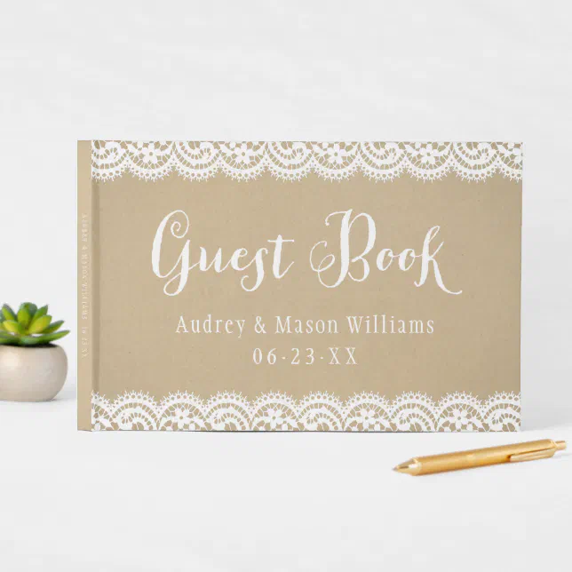 Rustic Kraft and Lace Wedding Monogram Guest Book | Zazzle