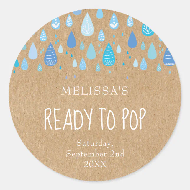 Rustic Kraft Baby Blue Raindrops Ready to Pop Classic Round Sticker ...