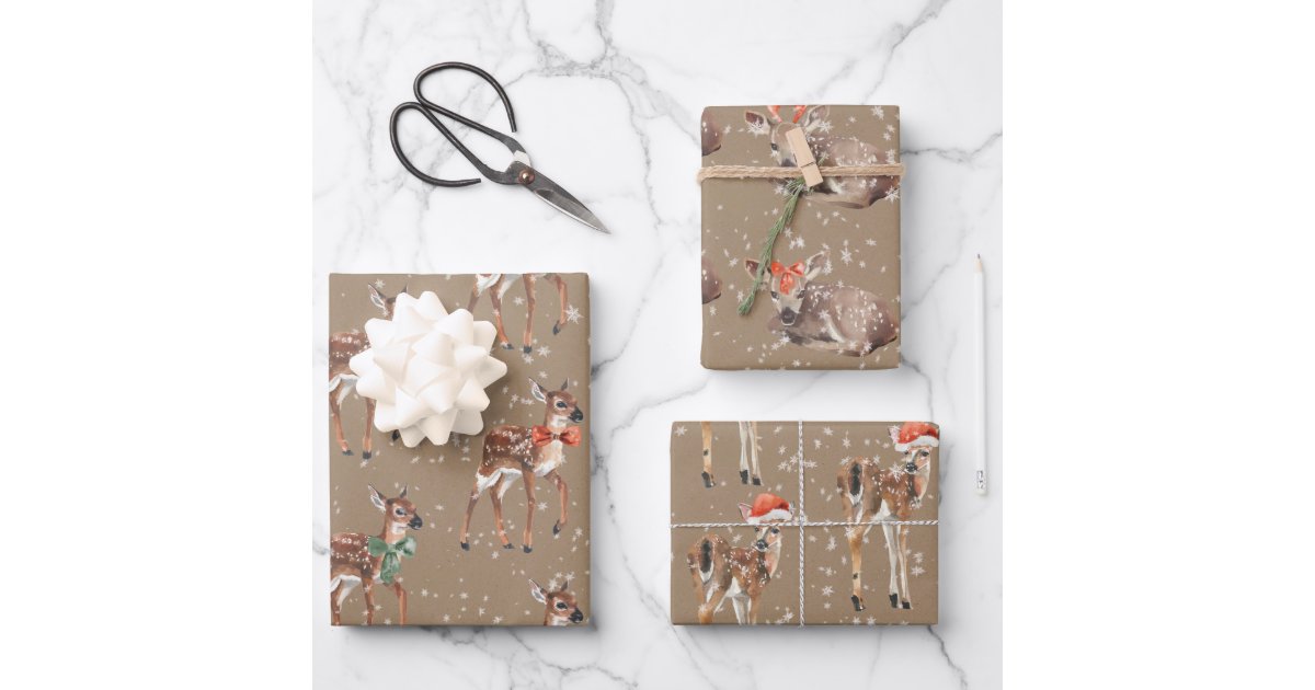 Rustic Kraft Baby Doe Deer Dressed For Holidays Wrapping Paper Sheets ...