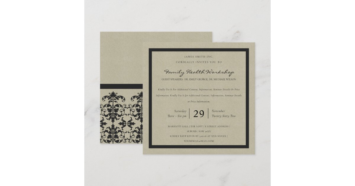 RUSTIC KRAFT BLACK DAMASK CLASSIC WORKSHOP EVENT INVITATION | Zazzle