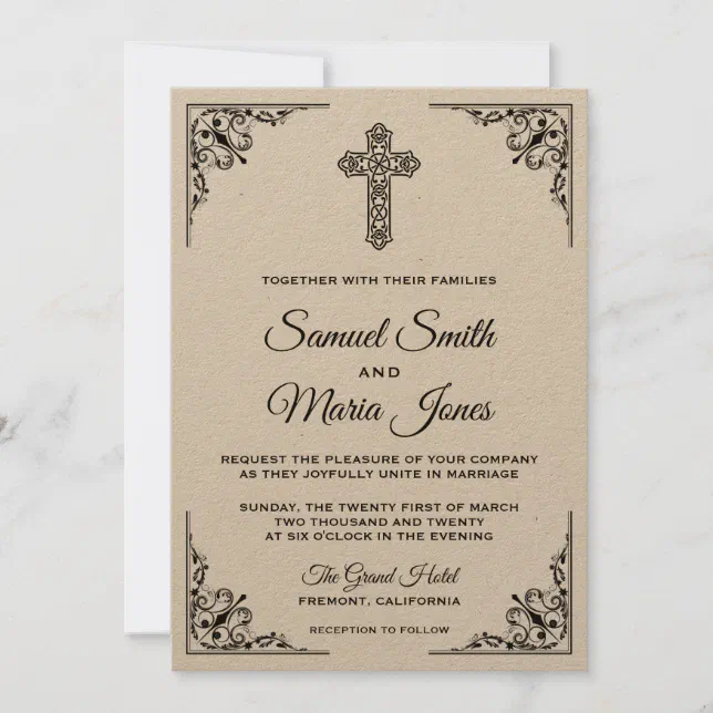 Rustic Kraft Black Ornate Cross Wedding Invitation | Zazzle