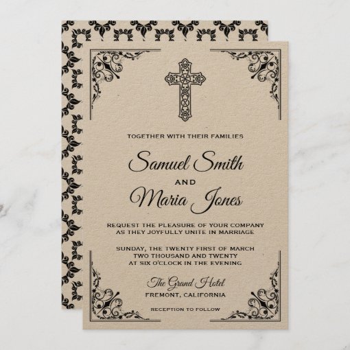 Rustic Kraft Black Ornate Cross Wedding Invitation | Zazzle