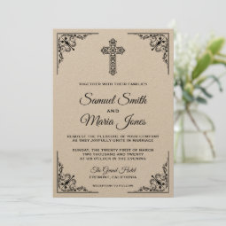 Rustic Kraft Black Ornate Cross Wedding Invitation | Zazzle