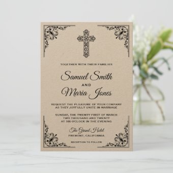 Rustic Kraft Black Ornate Cross Wedding Invitation | Zazzle