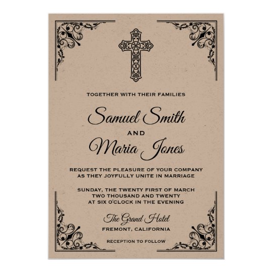 Rustic Kraft Black Ornate Cross Wedding Invitation | Zazzle.com