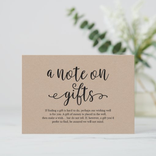 Rustic kraft black script, A note on gifts Enclosure Card | Zazzle