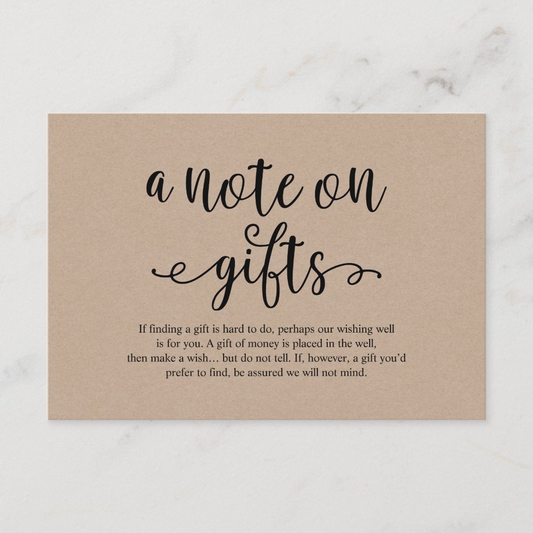 Rustic kraft black script, A note on gifts Enclosure Card | Zazzle